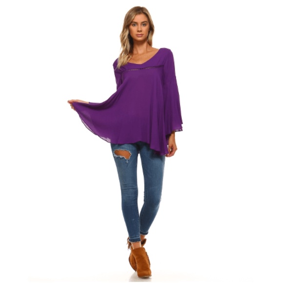 UshopTwo | Tops | Solid Bell Sleeve Top Purple Relaxed Fit | Poshmark